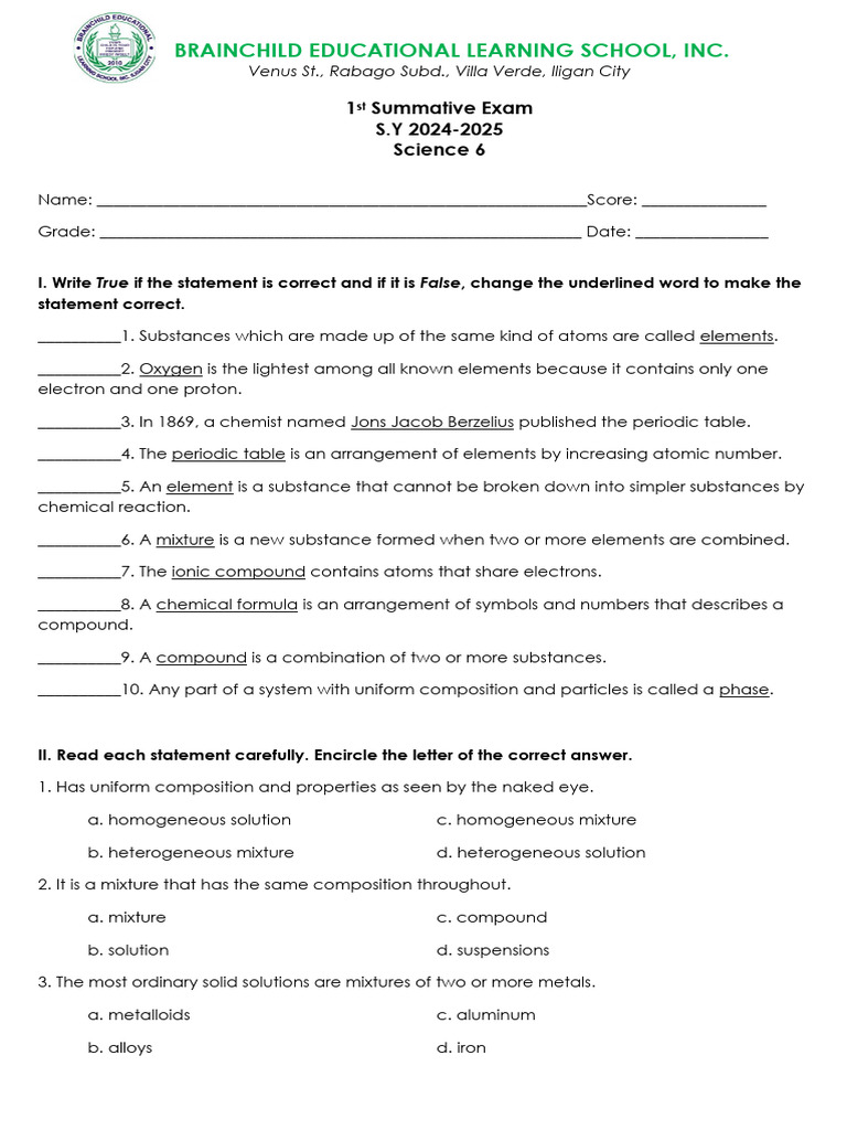 Science 6 GEN 1st SummativeTest | PDF | Mixture | Chemical Substances