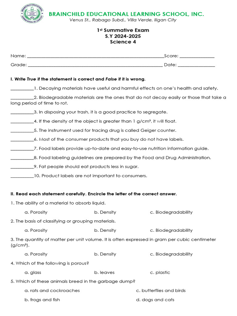 Science 4 Summative Exam Guide | PDF | Surfactant | Density