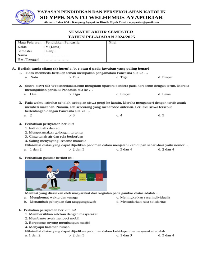 Soal Sas Ganjil Pendidikan Pancasila Kelas 5 2024-2025 | PDF