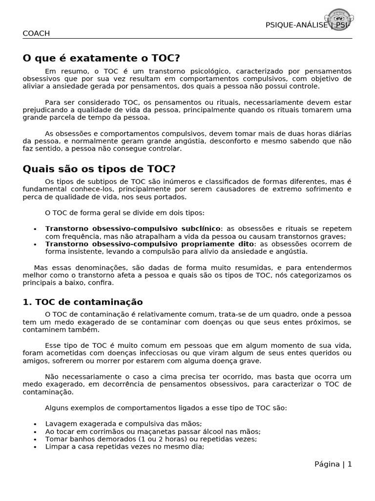 O Que É Exatamente o TOC | PDF | Transtorno obsessivo compulsivo (TOC ...