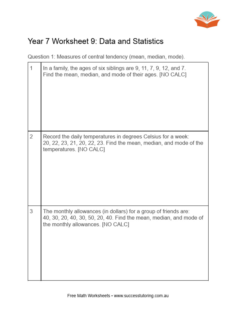 Year 7 Worksheet 9 - Data and Statistics 1 | PDF | Mean