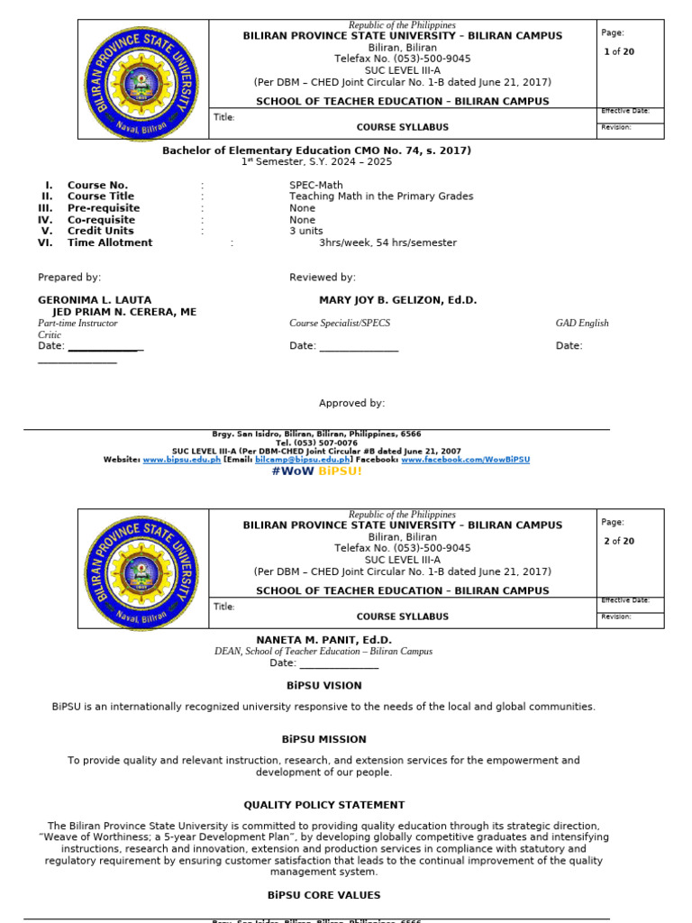 Teaching Math Syllabus - BiPSU Biliran | PDF | Learning | Lesson Plan