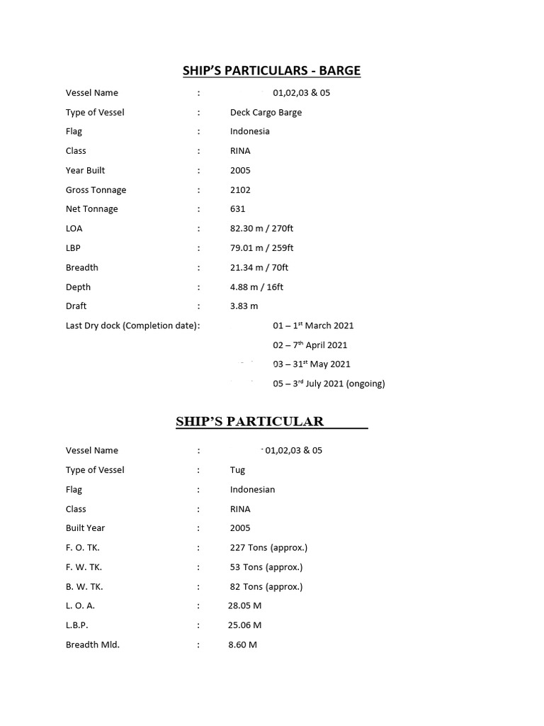 Barge and Tug Specifications Indonesia | PDF