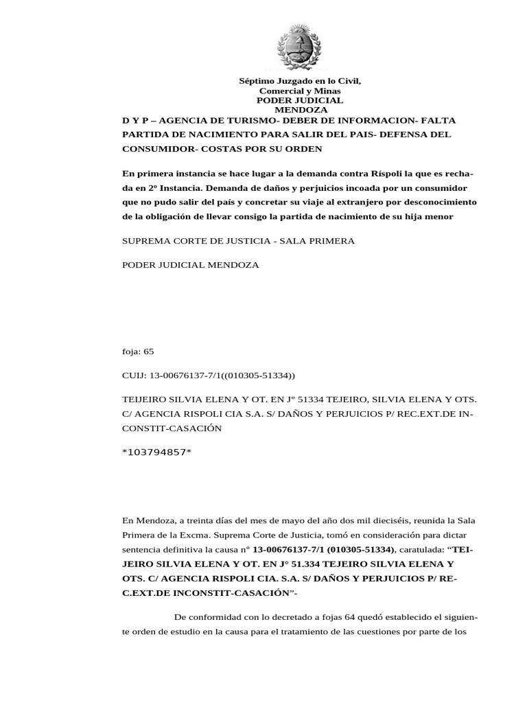 SCJM - D y P - Contrato Consumo - Agencia de Viajes Rispoli - Deber Informacion - Rechazo ...