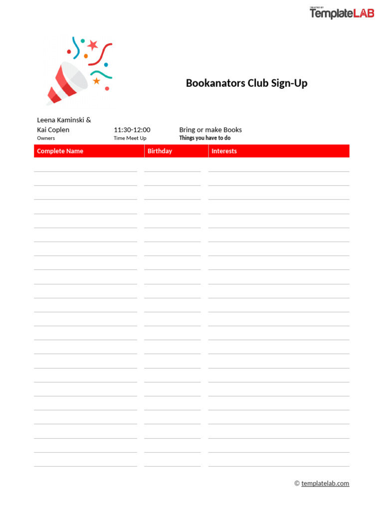 Bookanators Club Sign-Up Form | PDF