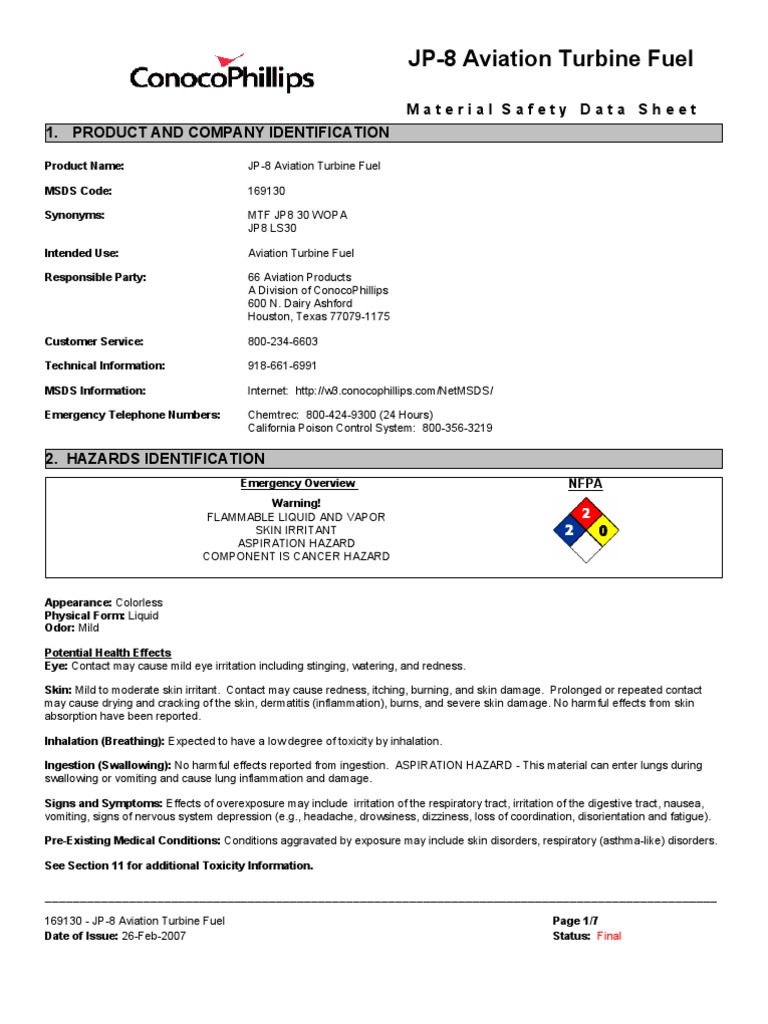 JP-8 Aviation Turbine Fuel: Material Safety Data Sheet 1. Product and ...