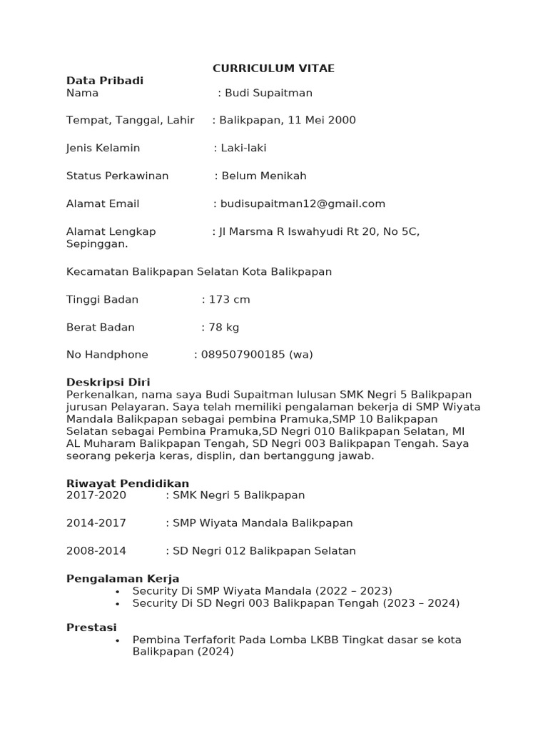 CURRICULUM VITAE Budi | PDF | Karier & Perkembangan | Kesehatan Holistik