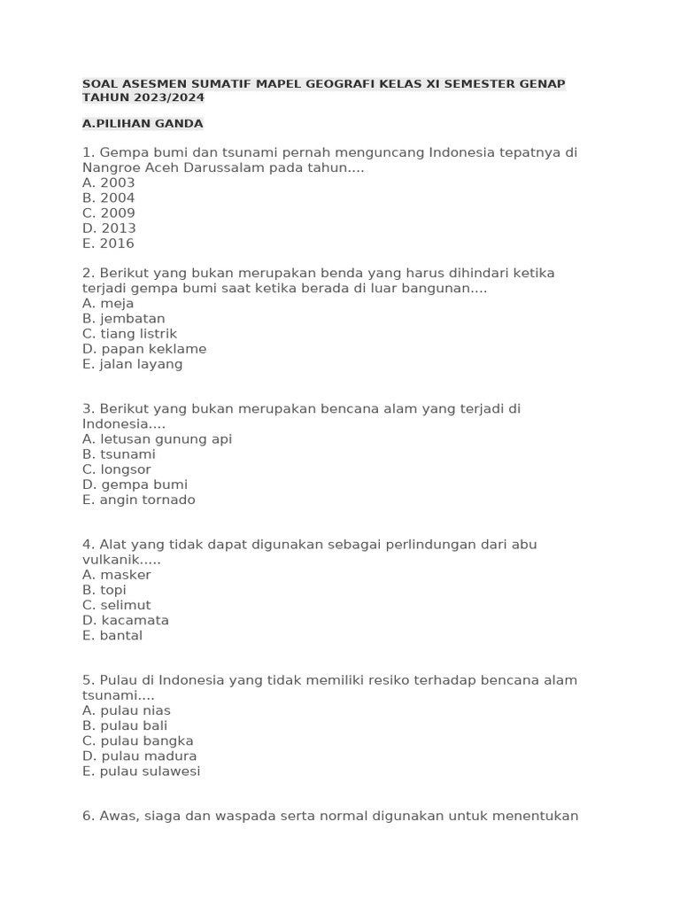 Soal Asesmen Sumatif Mapel Geografi Kelas Xi Semester Genap Tahun 2023 | PDF