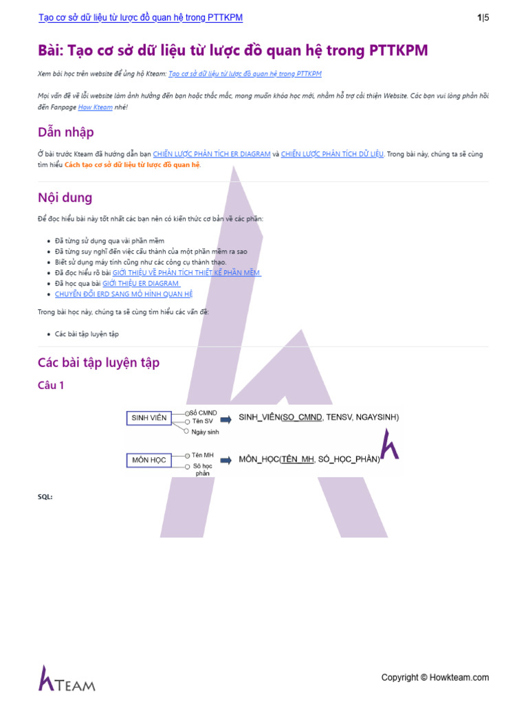 HOWKTEAM.VN - Tạo cơ sở dữ liệu từ lược đồ quan hệ trong PTTKPM | PDF