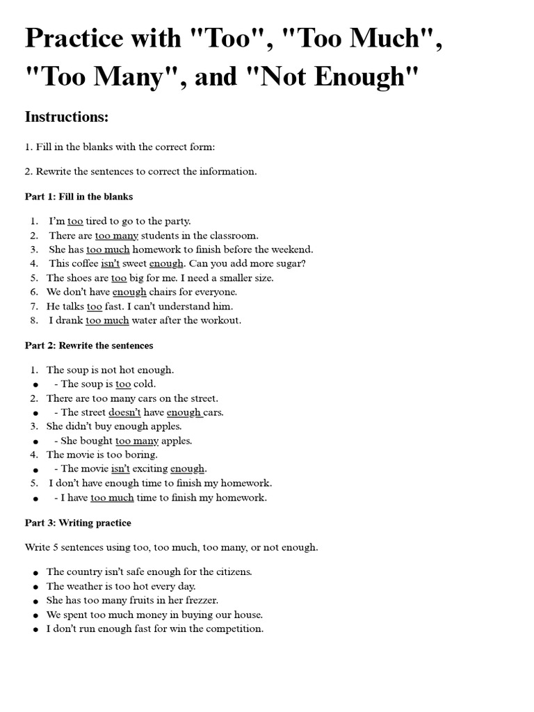 Practice With Too, Too Much, Too Many, and Not Enough | PDF