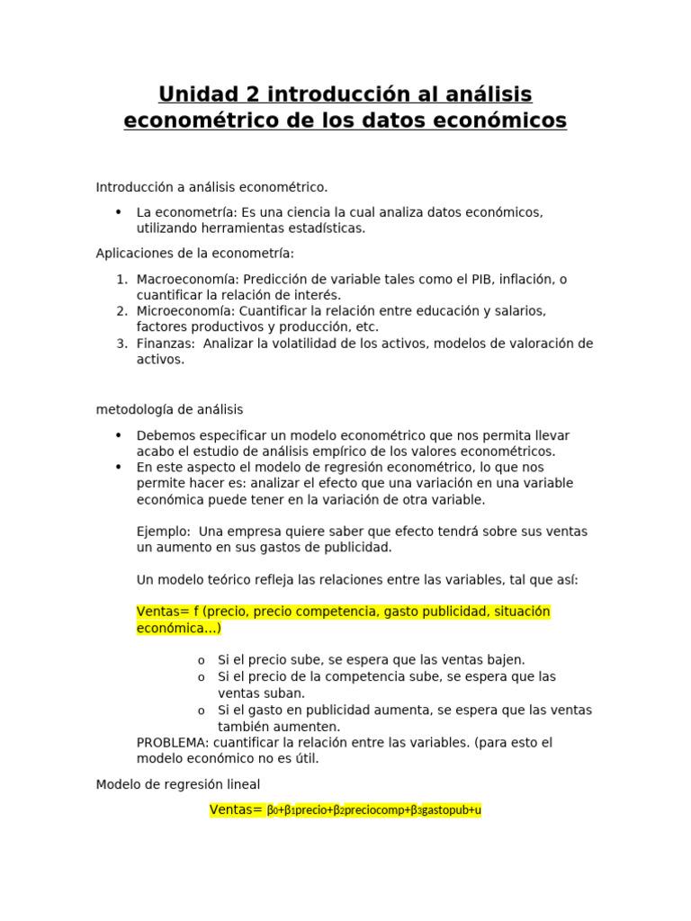 Unidad 2 Introducción Al Análisis Econométrico de Los Datos Económicos | PDF | Econometría ...