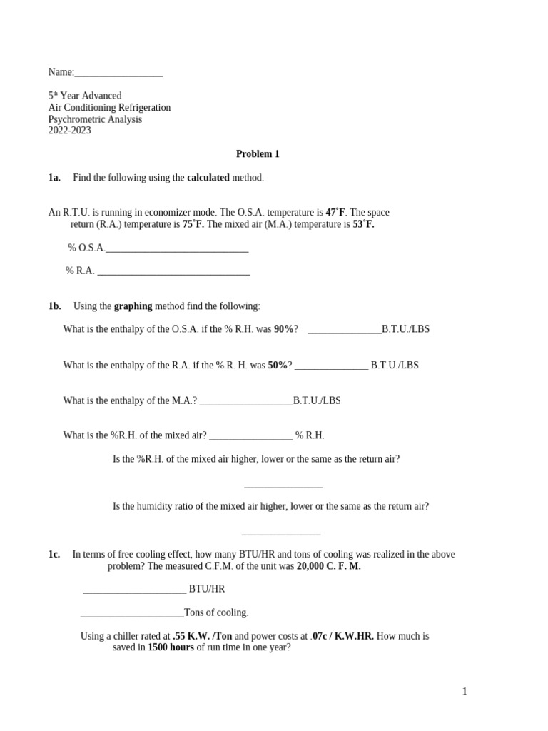5th Year Psychrometrics Test 2022-2023 | PDF | Humidity | Thermodynamics