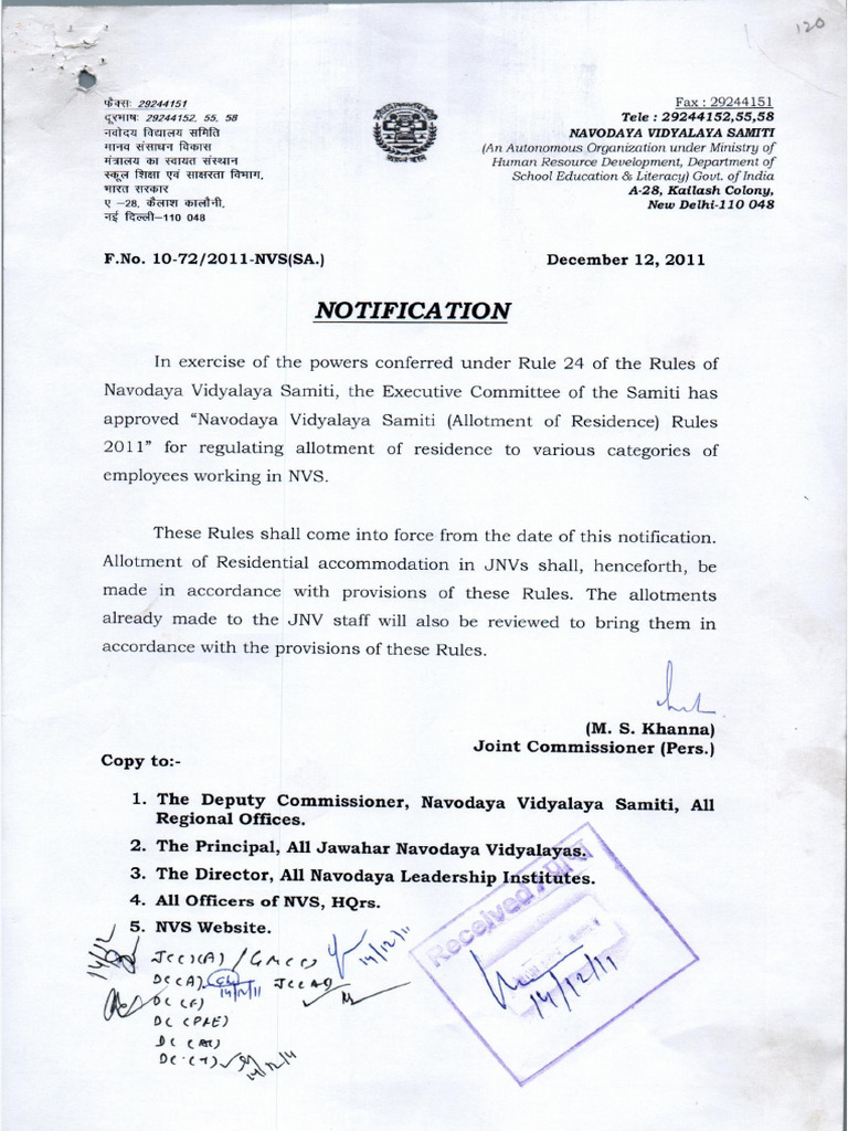 NVS Staff Quarter Allotment Rules | PDF