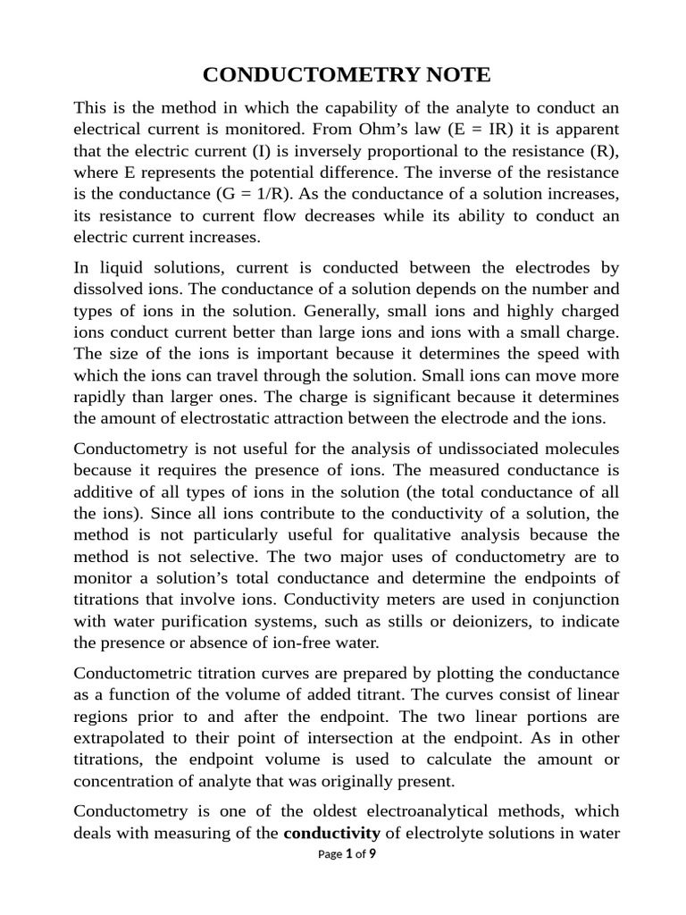CHM439 Note 2 - CONDUCTOMETRY | PDF | Titration | Chemistry