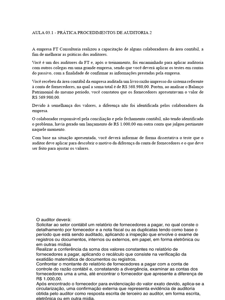 Aula 03.1 - Prática Procedimentos de Auditoria 2 | PDF | Carreira e Crescimento