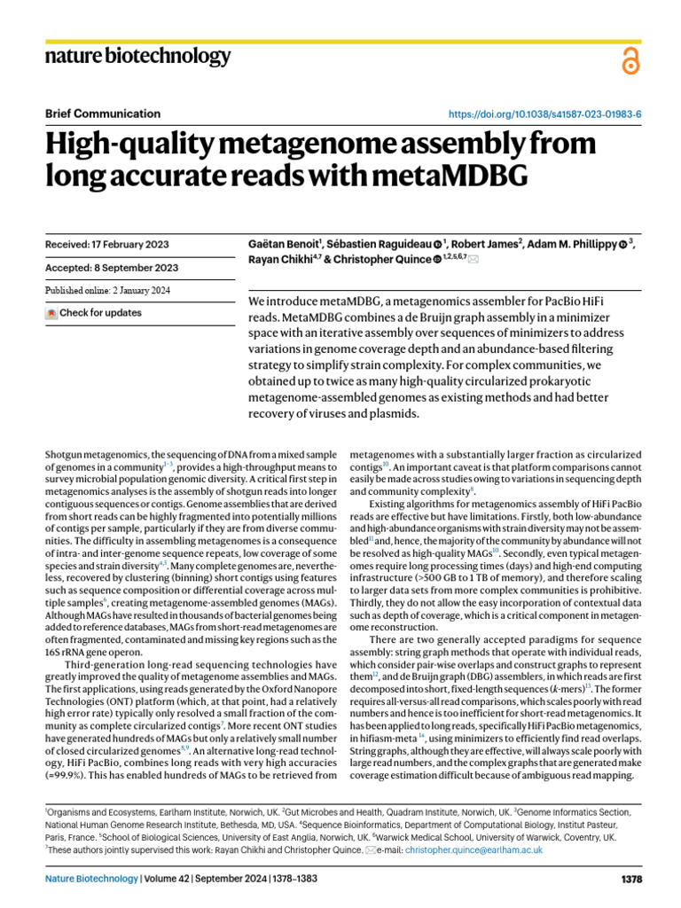 High-Quality Metagenome Assembly From Long Accurate Reads With metaMDBG | PDF | Dna Sequencing ...