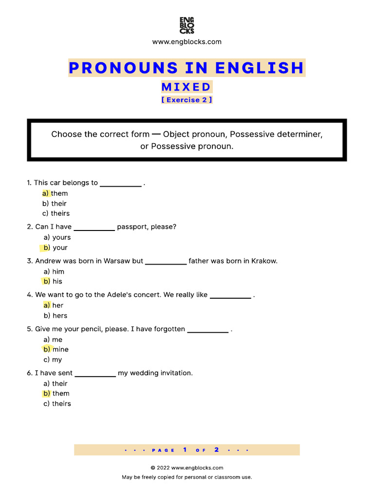 Pronouns in English Mixed Exercise 2 Student | PDF