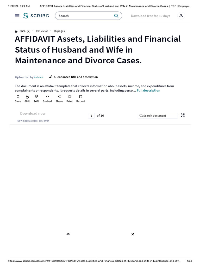 AFFIDAVIT Assets, Liabilities and Financial Status of Husband and Wife ...