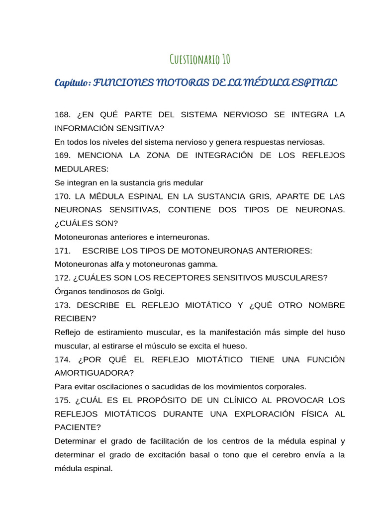 Banco de Preguntas de Fisiología de Guyton, Capítulos 10 11 12 | PDF | Cerebro | Materia gris