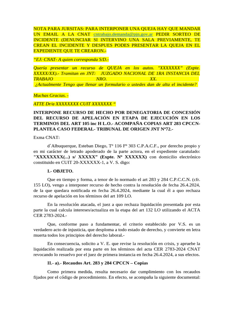 Modelo Queja Cnat en Ejecucion 29.4.2024 Apela en Ejecuciòn Interpone Recurso de Revocatoria Con ...