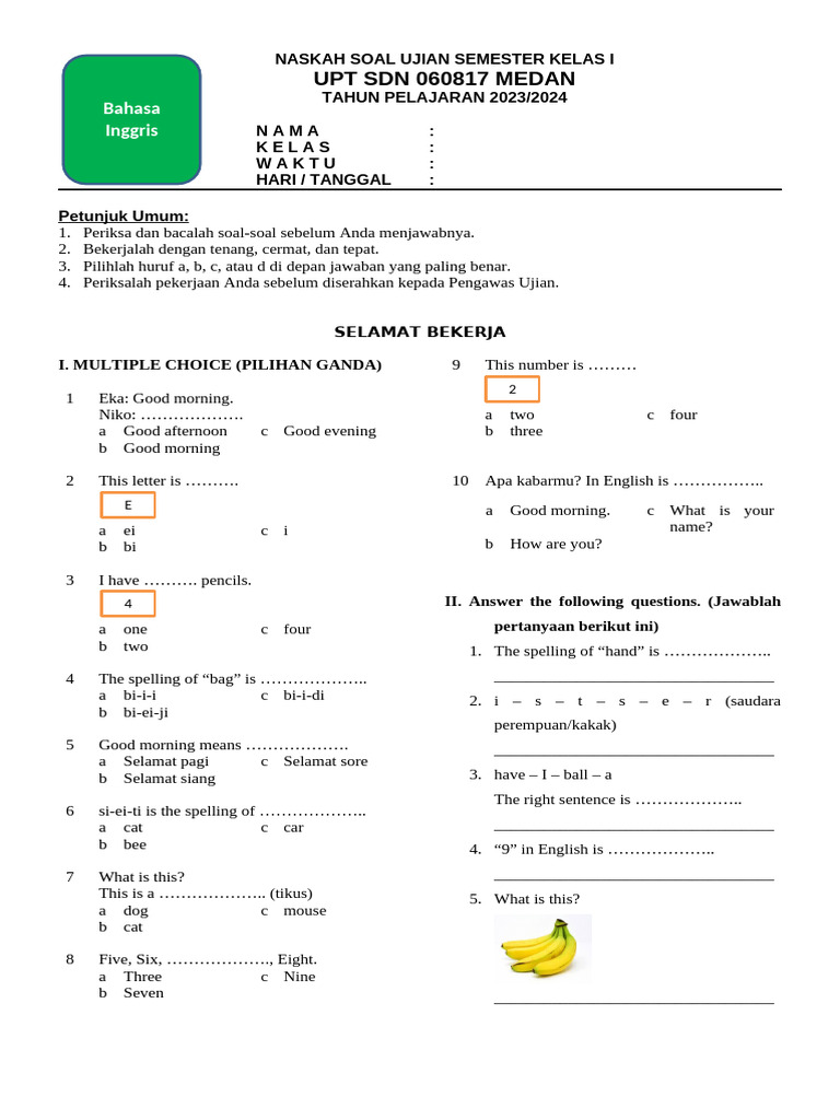 Naskah Soal Ujian Semester Kelas I | PDF