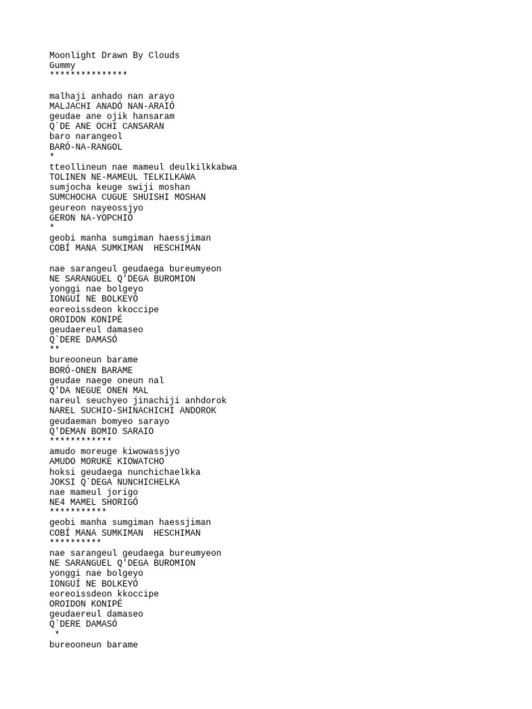 Moonlight Drawn By Clouds Lyrics | PDF