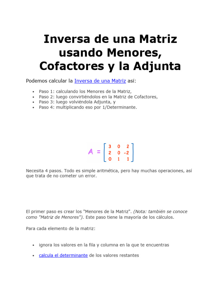 Inversa de Matriz: Menores y Cofactores | PDF | Determinante | Matriz ...