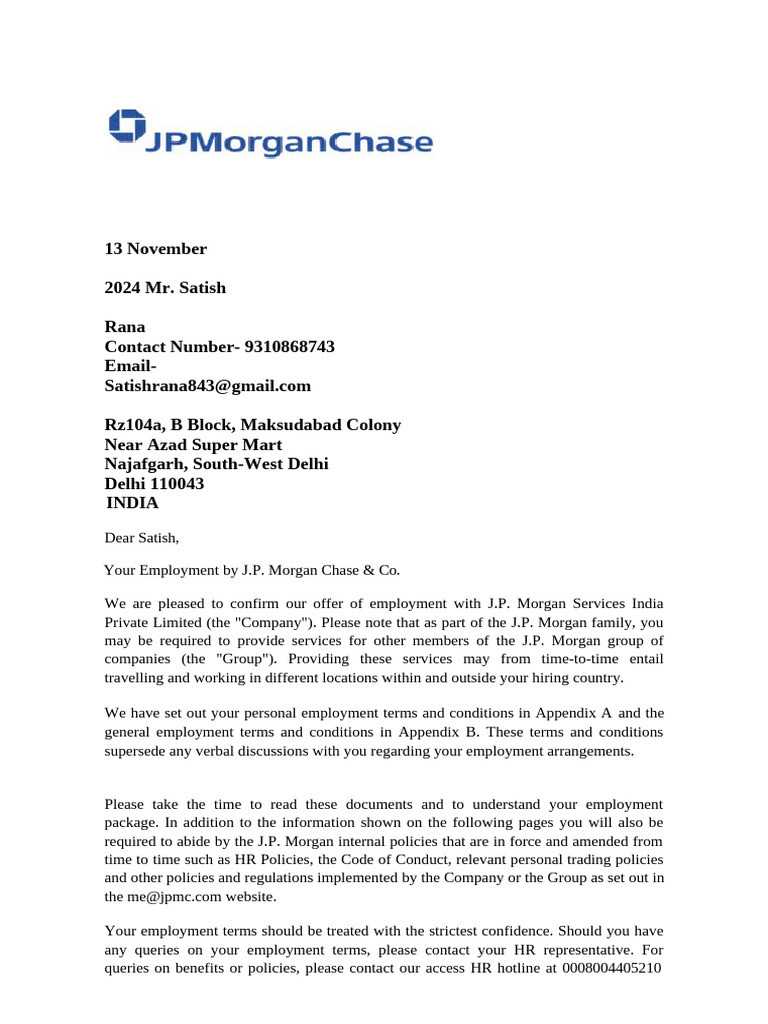 JP Morgan Offer Letter 13nov24 | PDF | Employment | Jp Morgan Chase