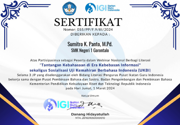 SERTIFIKAT Webinar Nasional UKBI - Maret 2024 PDF | PDF