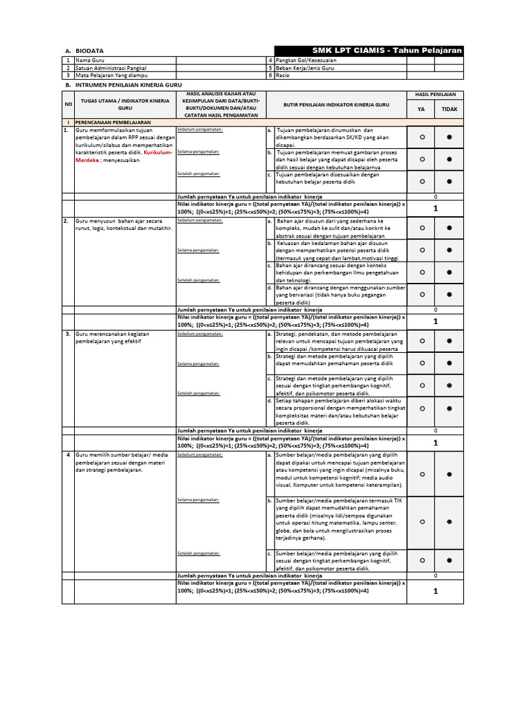 Format Penilaian Kinerja Guru 2024 (Supervisi SMK LPT) | PDF | Karier & Perkembangan