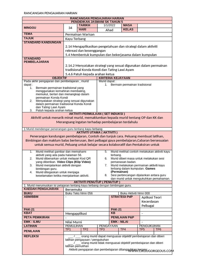 RPH Minggu 34 PJ THN 5 by Cikgu Gorgeous | PDF
