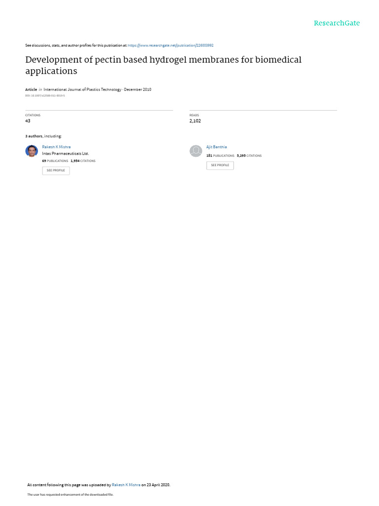 (2010) Development of Pectin Based Hydrogel Membranes For Biomedical ...
