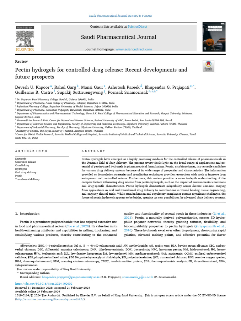 (2024) Pectin Hydrogels For Controlled Drug Release Recent Developments and Future Prospects ...