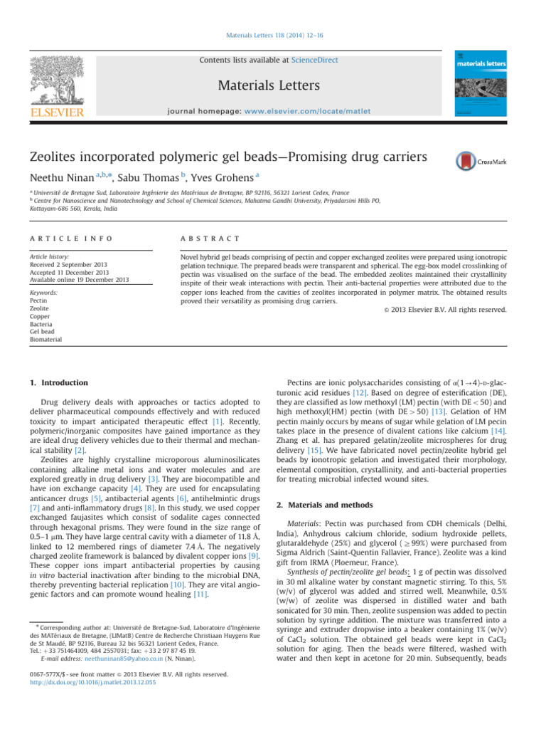(2014) Zeolites Incorporated Polymeric Gel Beads Promising Drug ...