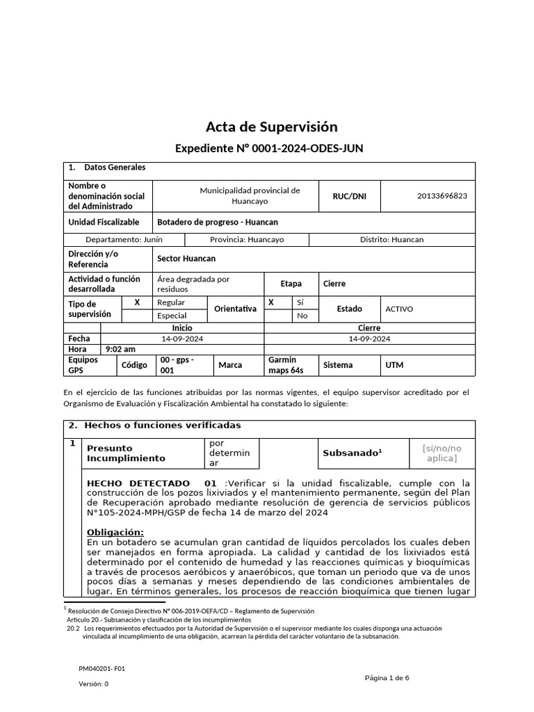 Modelo de Acta de Supervisión PROGRESO-Huancan | PDF | Residuos