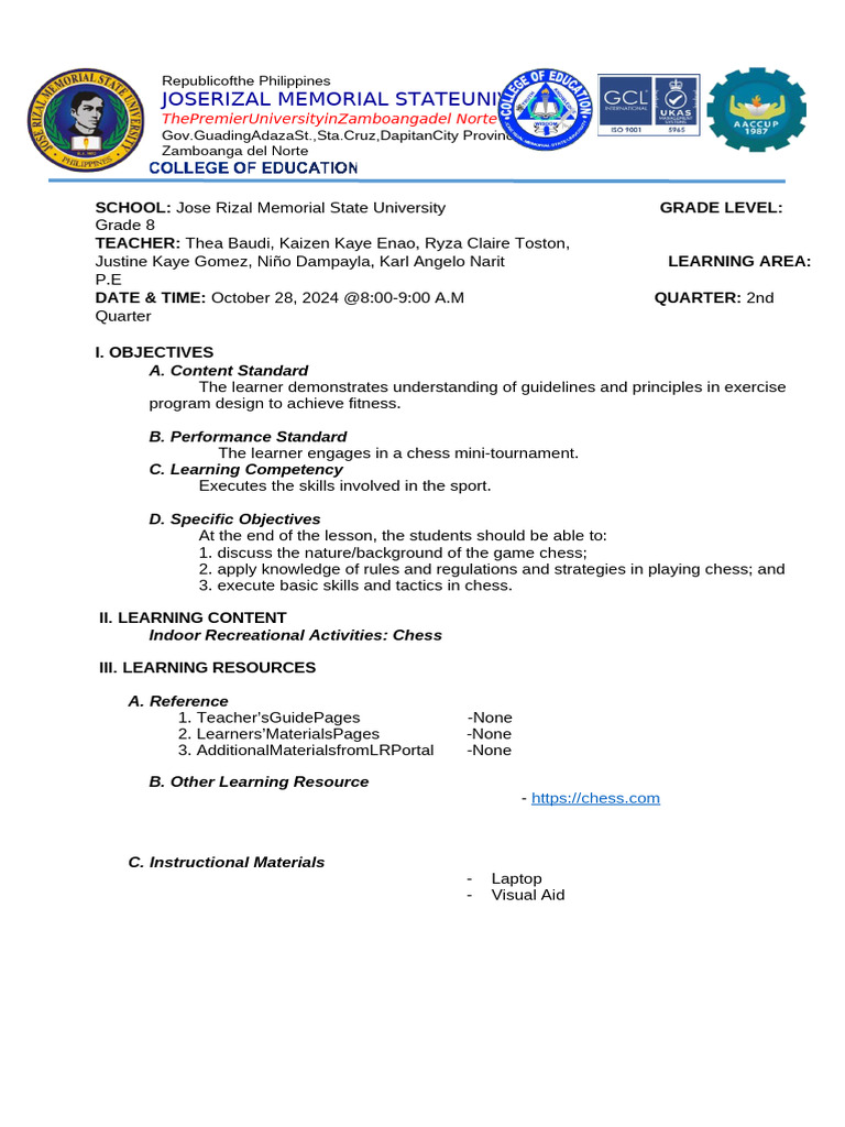 Chess Lesson Plan | PDF | Learning | Education Theory