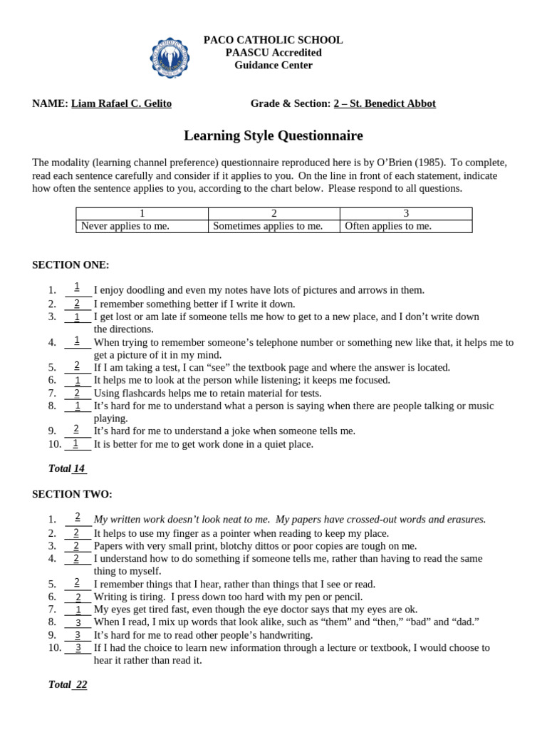 Liam Gelito Learning-Style-Questionnaire 1 | PDF | Learning Styles | Learning