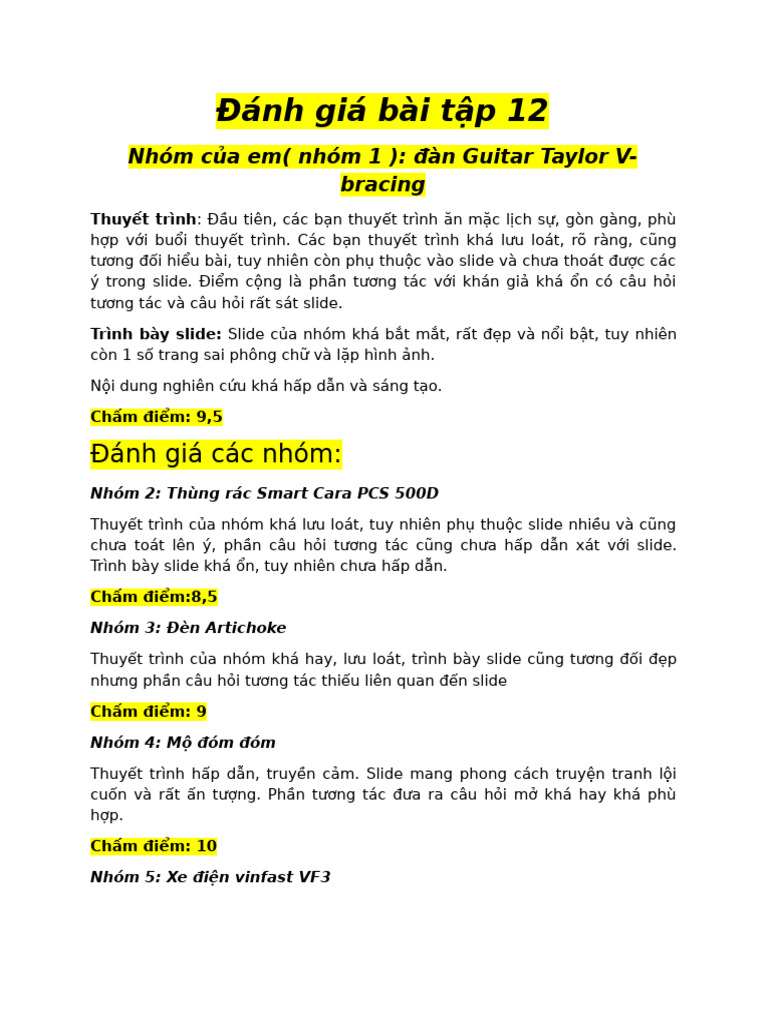 Đánh Giá Các Nhóm BT12 (Nhóm 1 L P 154340) | PDF