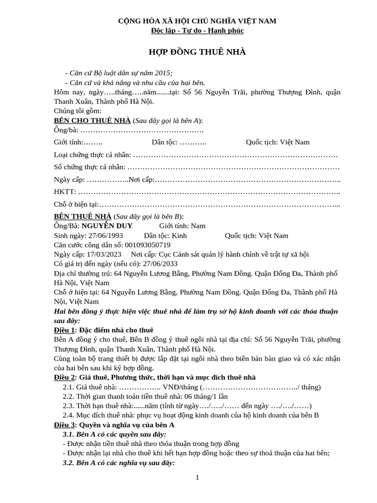 HĐ Thuê Nhà | PDF