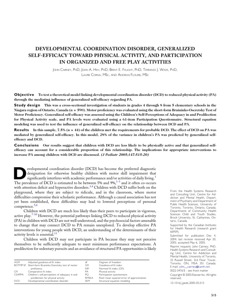 Developmental Coordination Disorder, Generalized Self-Efficacy Toward Physical Activity, and ...