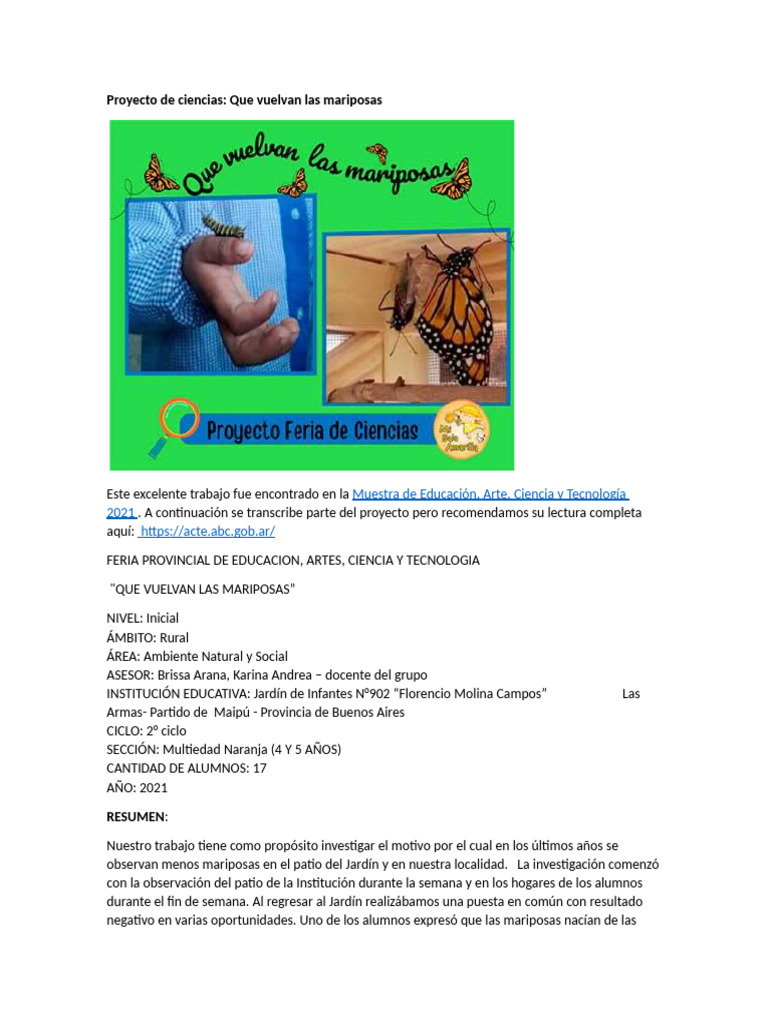 Proyecto de Ciencias Vuelan Las Mariposas | PDF | Educación de la ...