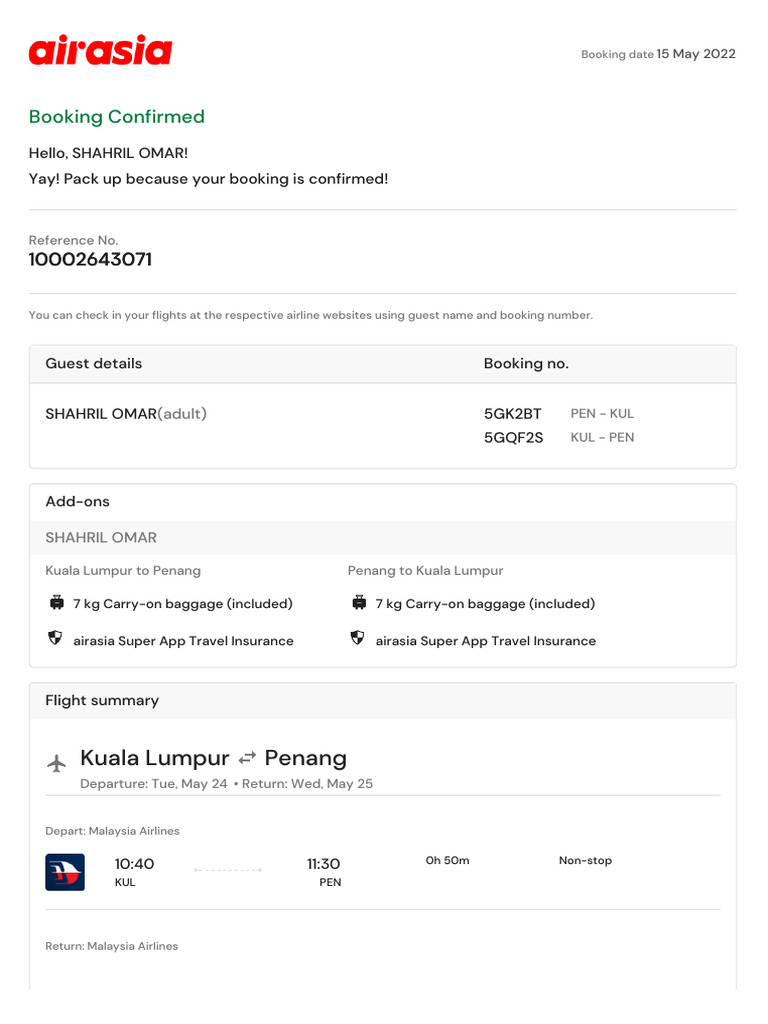 Booking Confirmed: Kuala Lumpur Penang | PDF