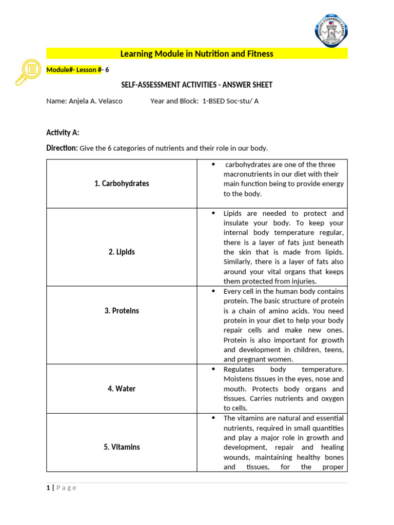 Nutrition and Fitness Self-Assessment Guide | PDF | Nutrients | Lunch