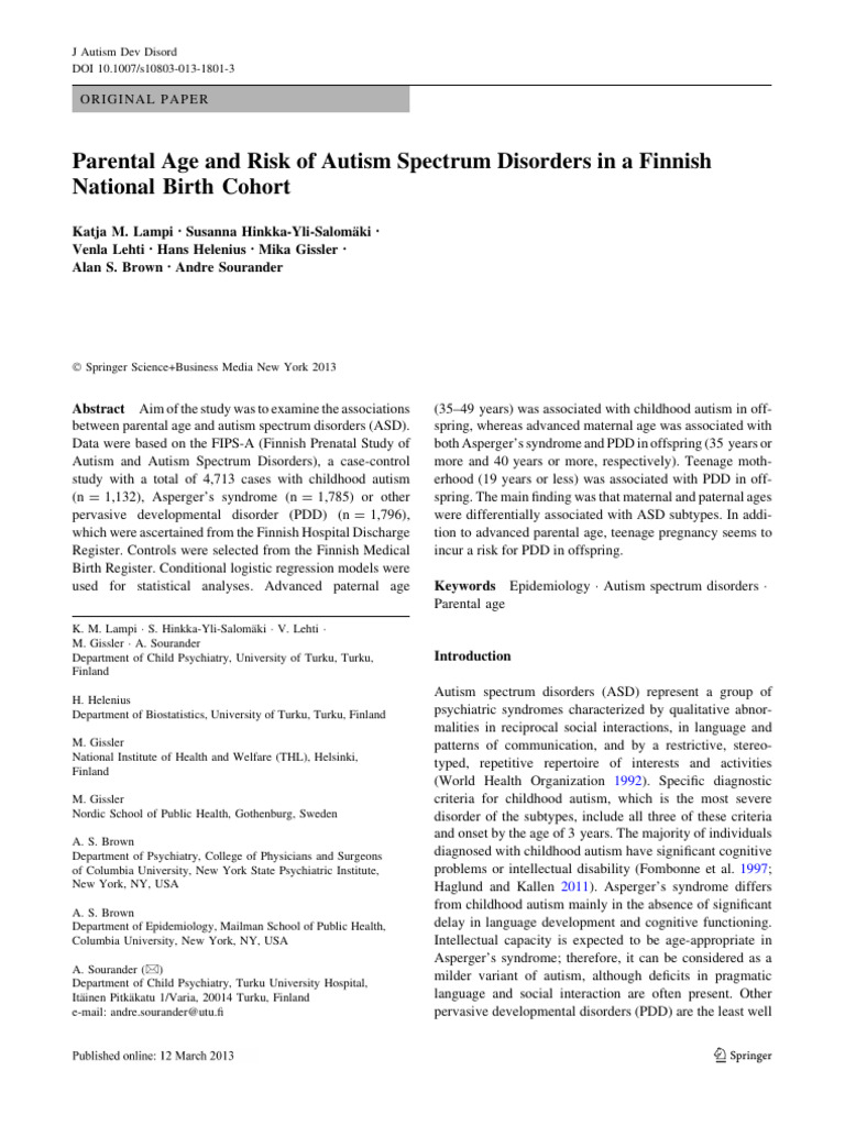Parental Age and Autism Risk in Finland | PDF | Pervasive Developmental ...