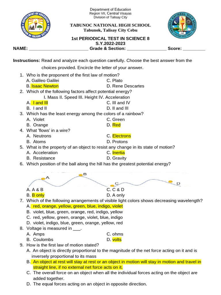 Science 8 (Q1) Periodical Exam-Ans. Key | PDF | Force | Potential Energy