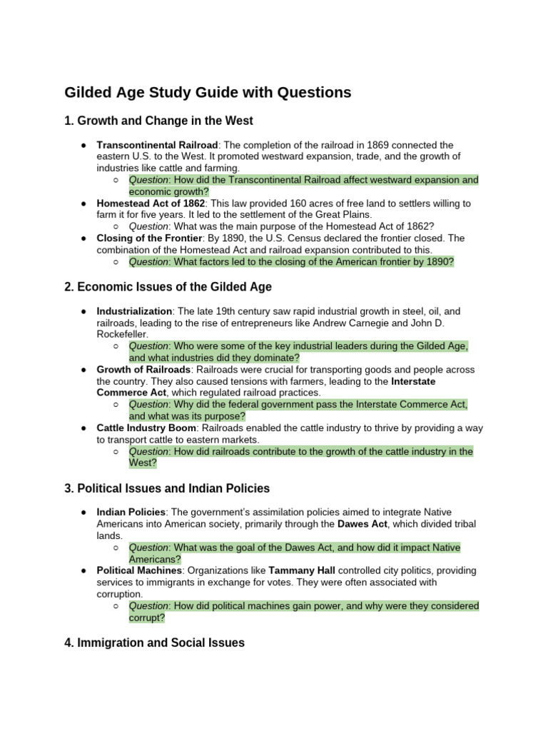 Gilded Age Study Guide With Questions | PDF | Immigration | Trade Union