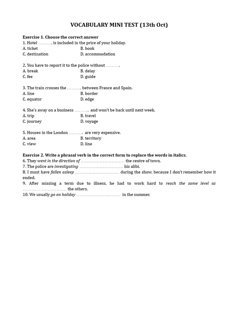 Vocabulary Mini Test (13th Oct) | PDF | Sports & Recreation