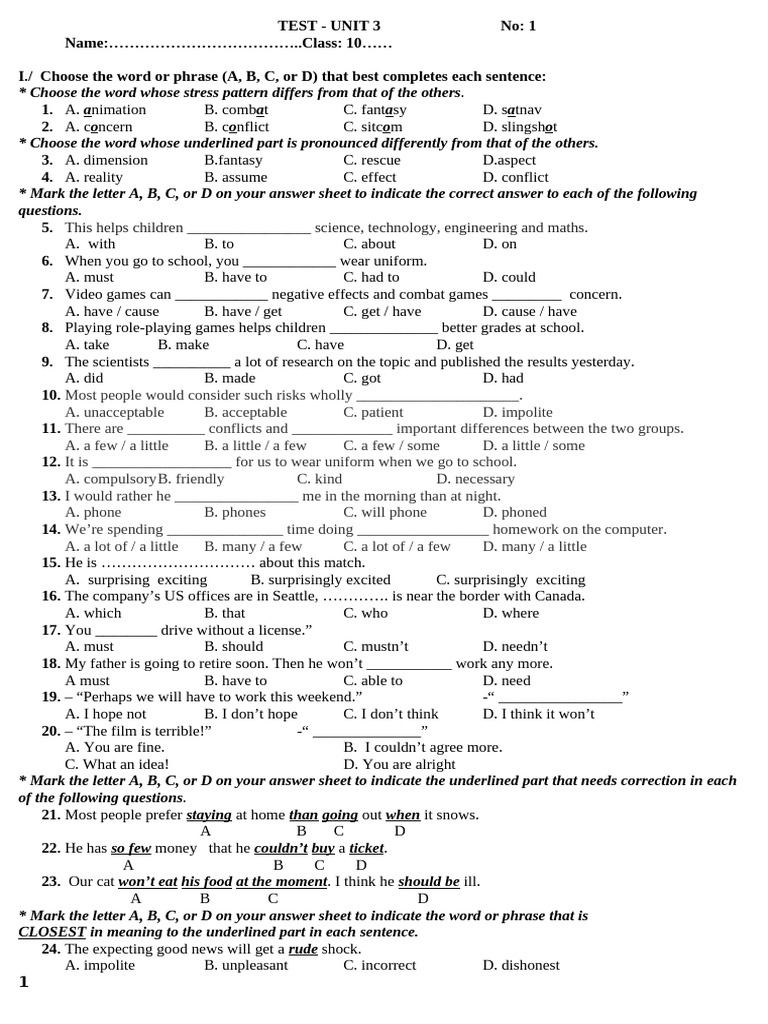 Đề Ôn Unit 3 LTT | PDF