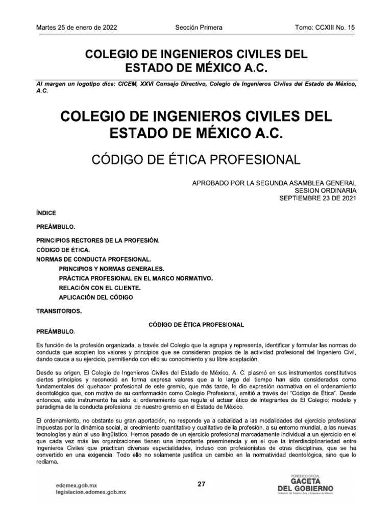 Codigo de Etica Colegio de Ingenieros Civiles Del Estado de Mexico | PDF