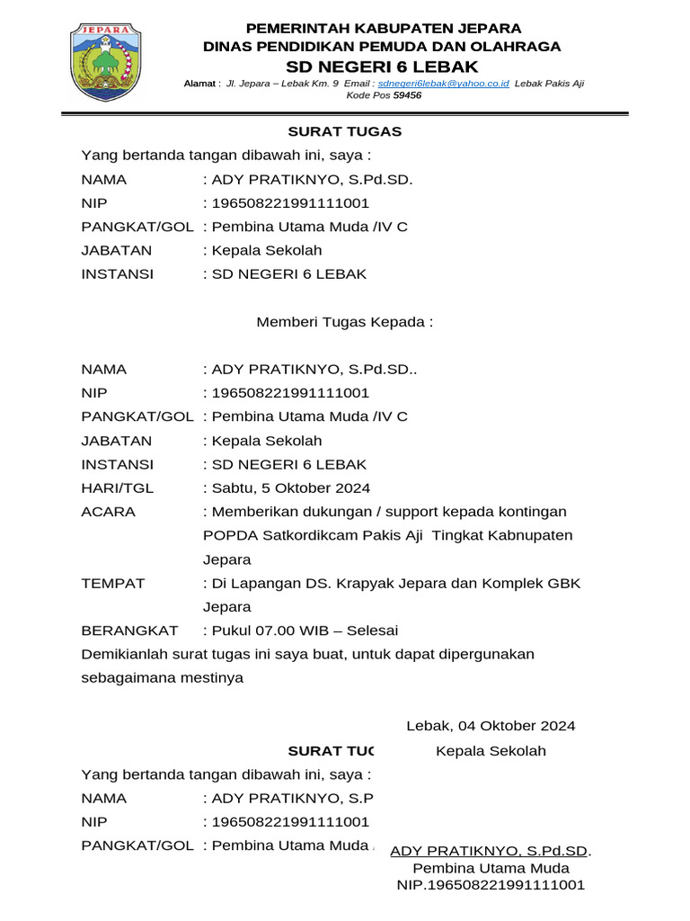 Surat Tugas Kegiatan SD Negeri 6 Lebak | PDF